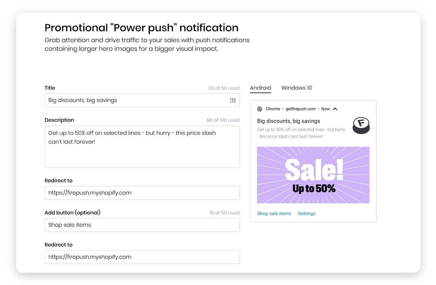 Shopify push notifications app with pop ups | Firepush